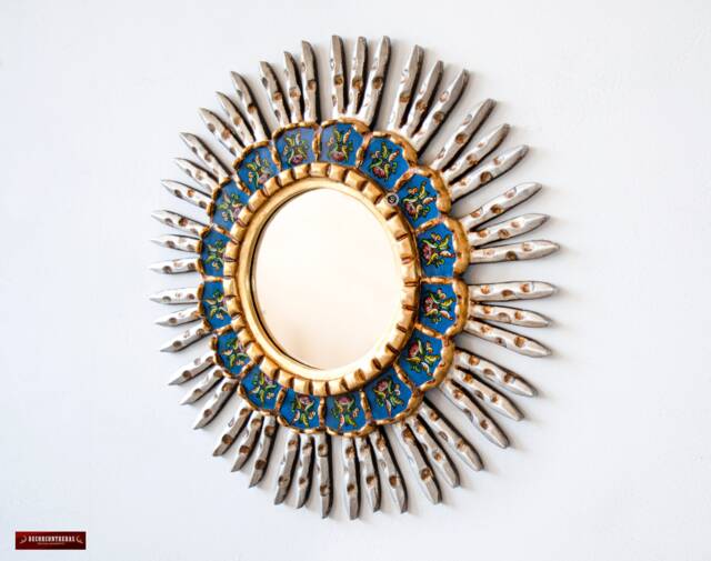Peruvian Blue Accent Round Wall Mirror 17.7In, Silver Sunburst Entryway ...