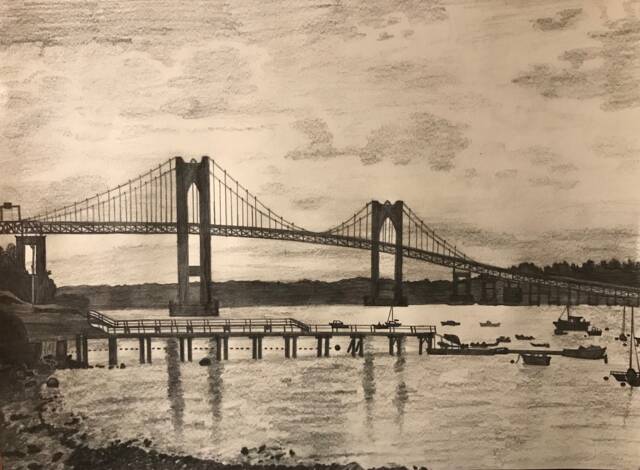 Claiborne Pell Bridge Pencil Drawing Print - Ocean Wall Decor Newport ...