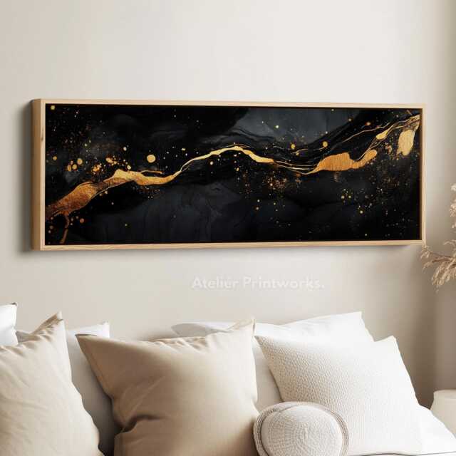 Gold & Black Abstract Large Canvas Artwork Long Narrow Wall Art ...