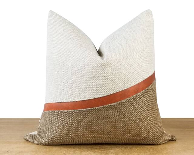 Modern Decor Throw Pillow ??? Beige & White With Cognac Faux Leather ...