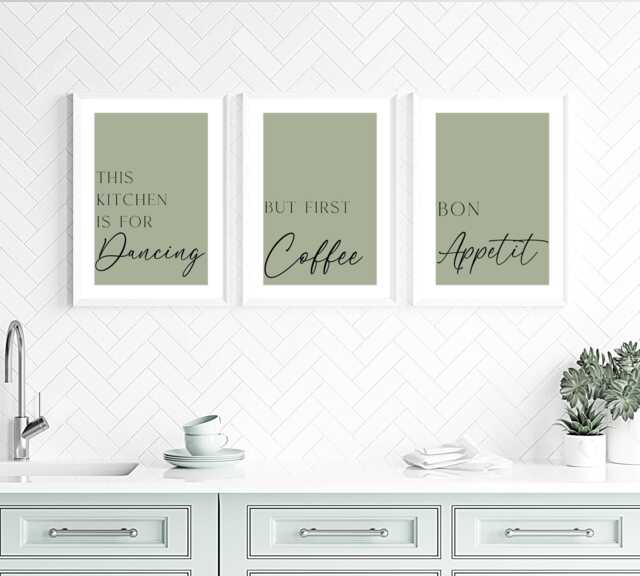 Sage Green Kitchen Print Quote Prints Wall Art Coffee Dancing Bon ...