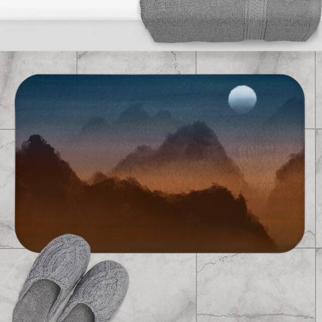 Boho Bath Mat & Rug, Abstract Landscape, Navy Blue, Burnt Orange, Moon ...