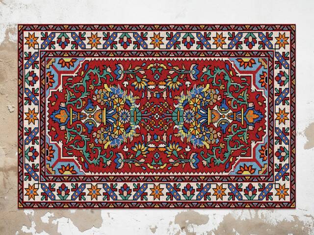 Colorful Mosaic Folk Ornament Vinyl Mat, Red Floor Blue Rug, Retro ...