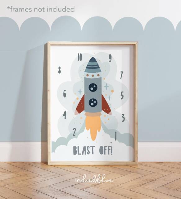 Blast Off Space Rocket Print, Boy Bedroom Decor, Colourful Kids Wall ...