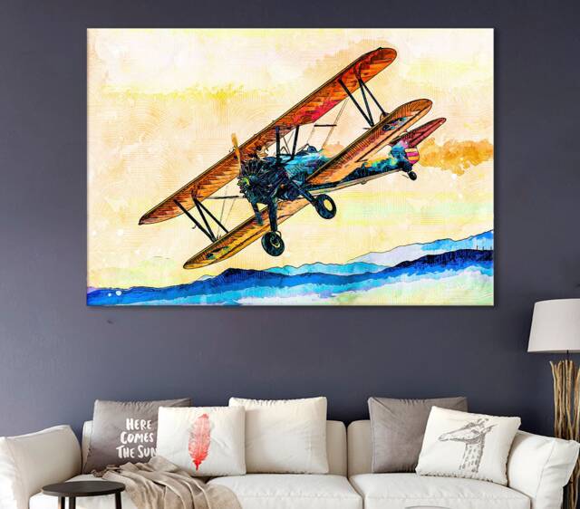 Biplane Canvas, Boeing Stearman E75 Wall Art, Aviation Print, Airplane ...
