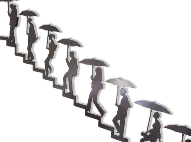 Walking Up The Stairs in Rain Metal Wall Art Mural People Silhouette ...