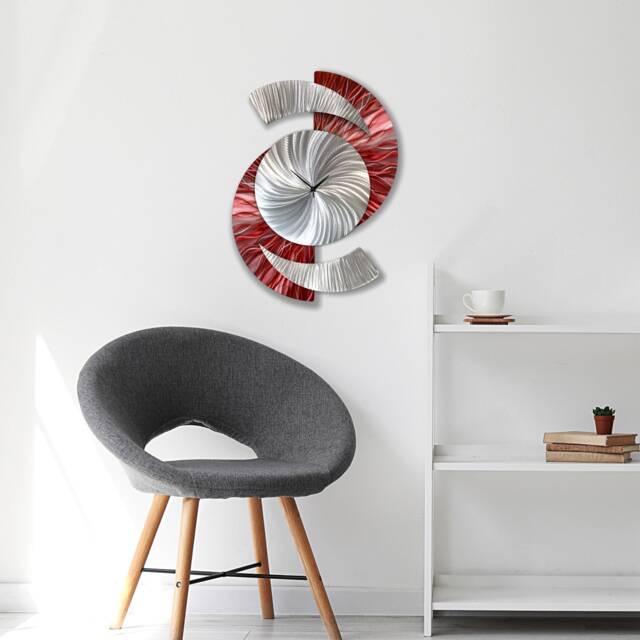 Large Red & Silver Metal Wall Clock Modern Abstract Art Timepiece by ...