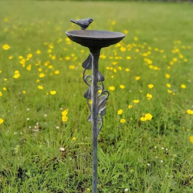 Cast Iron Stake Bird Feeder Lead Finish - Bath Garden Ornament Statue ...