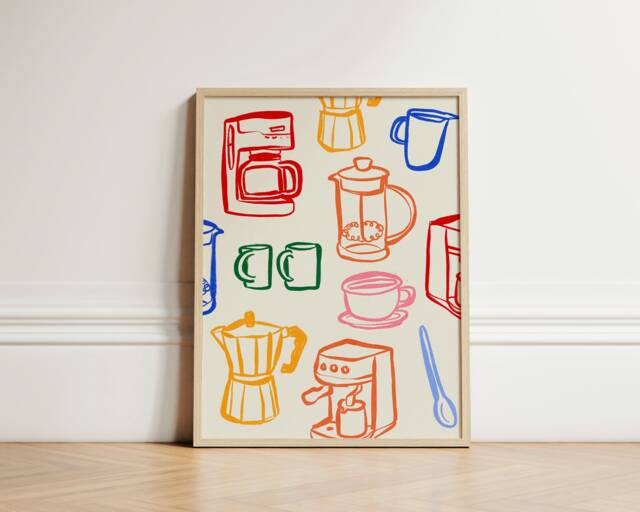 Coffee Makers Print, Colourful Retro Wall Art, Kitchen Prints ...