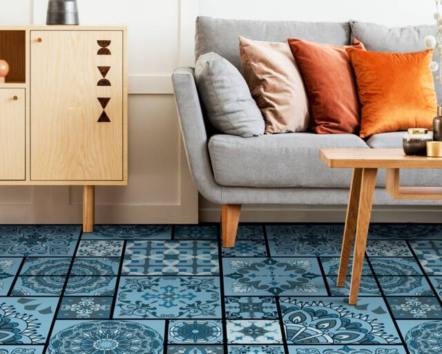 Collage Patchwork Art Azulejos Vinyl Flooring, Blue Floor, Black Baby ...