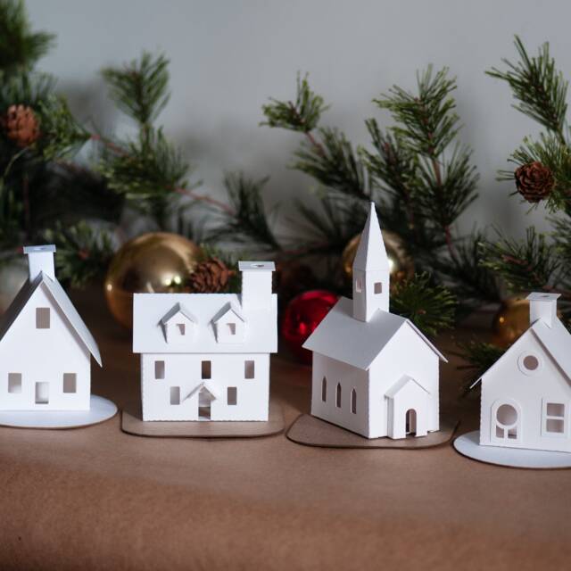 Putz House Christmas Village Kit, 4 Pre-Cut White Paper Houses in Mini ...