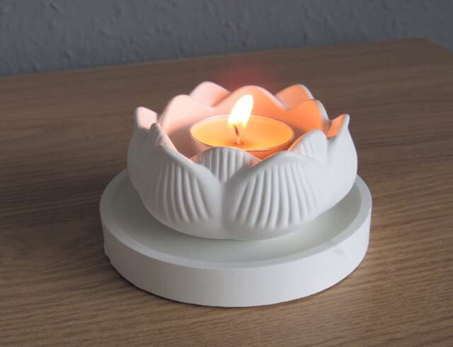 Decorative Concrete Lotus Tealight Candle Holder With Round Tray White Flower Home Decor For ...
