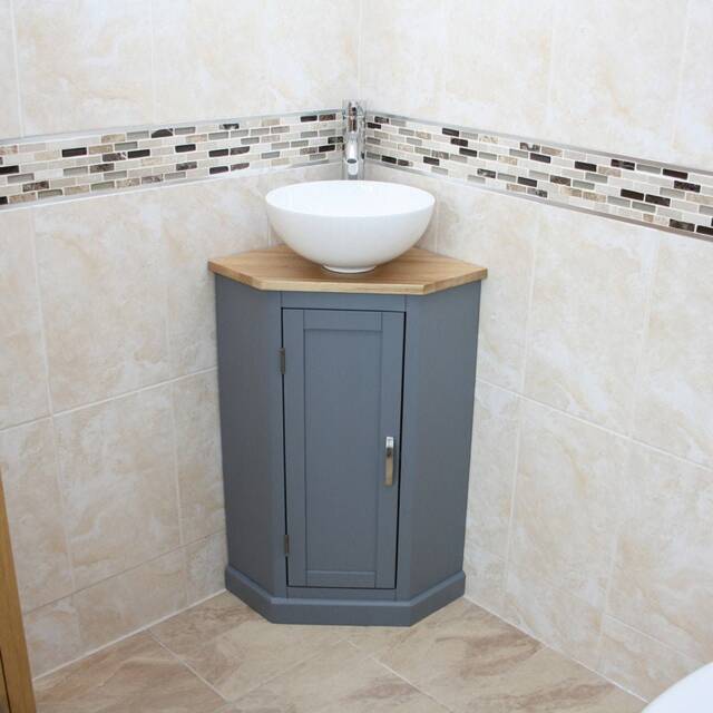 Bathroom Grey Painted Vanity Unit - Corner Sink Cabinet With Oak Top ...