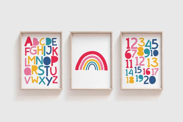 Set Of 3 Alphabet & Numbers Playroom Prints, Girls Nursery Bedroom Wall ...