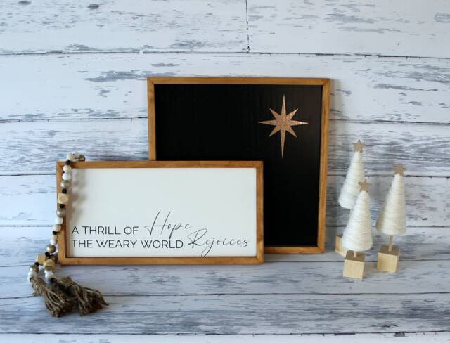 Christmas A Thrill Of Hope Framed Signs Nativity Backdrop Star Yarn ...