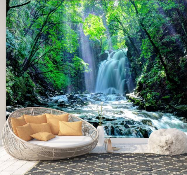Waterfall Nature View Forest Art Print Photomural Wallpaper Mural Easy ...