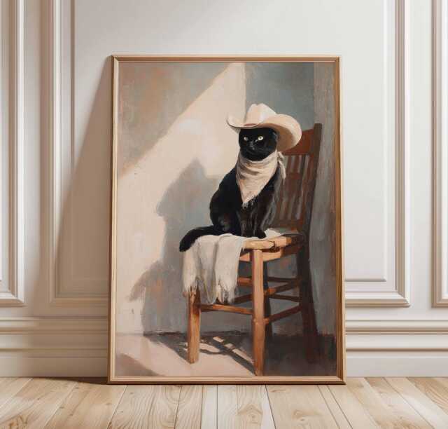 Cowboy Cat Poster - Black in Hat Wall Art, Rustic Western Print, Funny ...