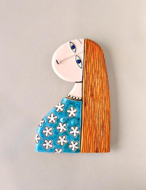 Whimsical Woman Wall Art - Handmade Ceramic Portrait With Long Hair ...