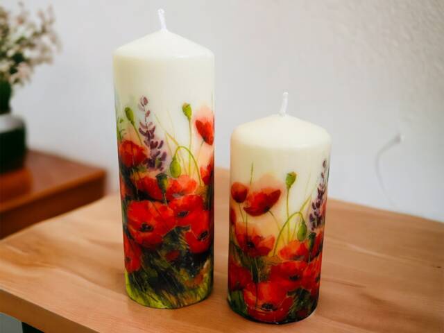 Set Of 2 Poppy Tall Pillar Candles, Themed Candle Gift Set, Mothers Day ...