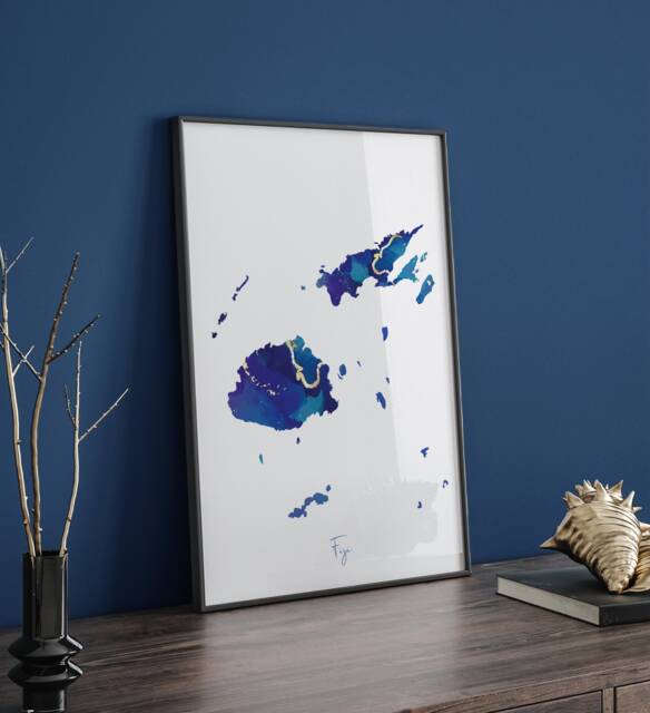 Fiji Map Blue & Gold Wall Art Print by Etsy | ufurnish.com