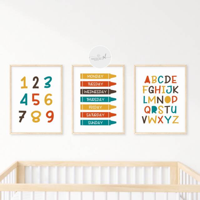 Set Of 3 Educational Prints, Playroom Nursery Learning Wall Art ...
