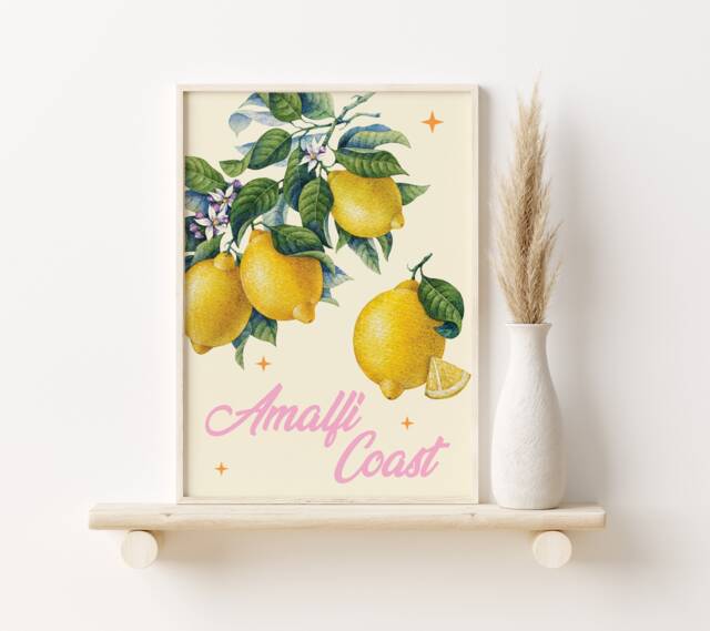 Amalfi Coast Lemon Print, Pink Art, A2, A3, A4, Colourful Prints, Wall ...