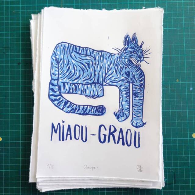 Affiche Chatigre, Illustration Originale Linogravure Fait Main, Chat ...