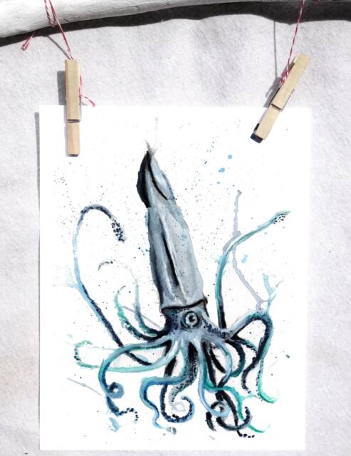 Squid Art Print - Octopus Nautical Decor -Beach House Nursery Wall Navy ...