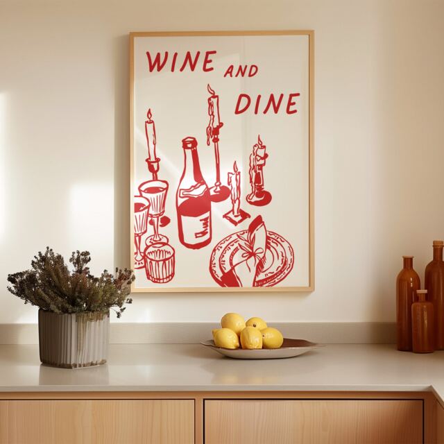 Red Wine & Dine Poster, Kitchen Poster Print, Wall Art, Cool Girl ...