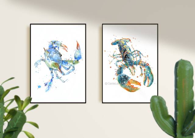 Crab & Lobster Print Set Of 2, Coastal Bathroom Art Prints, Wall ...