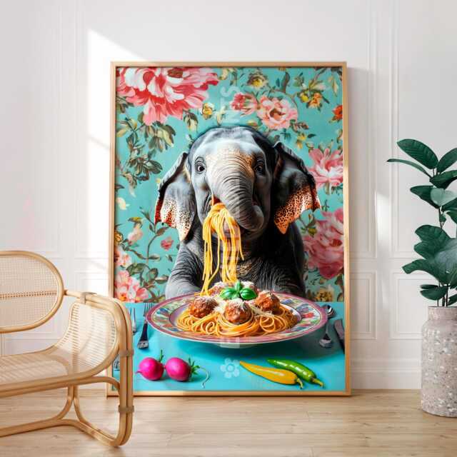 Elephant Eating Spaghetti Kitchen Wall Decor, Maximalist Print ...