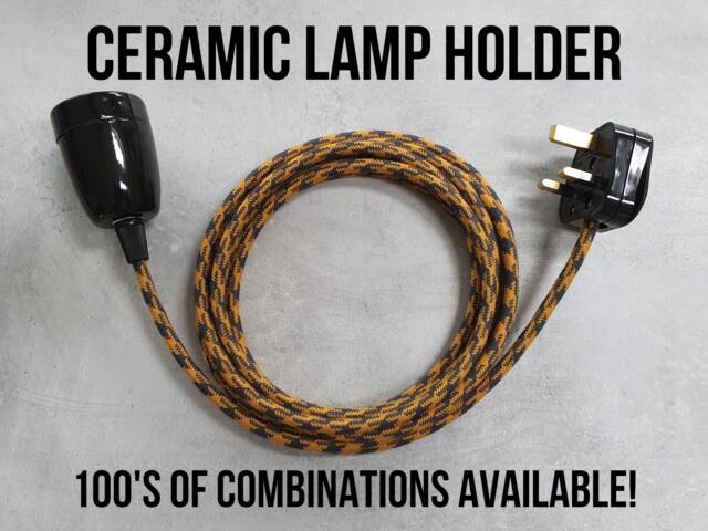 Porcelain Plug in Pendant Light - Black Fabric Cable, Lamp Holder & E27 ...