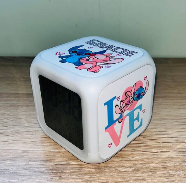 stitch & Angel Design Personalised Led Cube Digital Alarm Clock ...