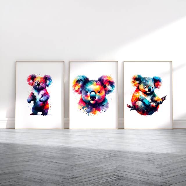 Koala Print Set - 3 Watercolour Poster Designs - Colourful Painting ...