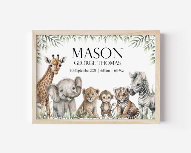 Personalised Safari Animal Zoo Jungle Decor Boy Print Unframed Birth ...