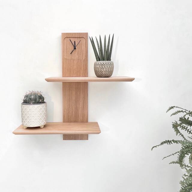 Elegant Two Tiered Shelf & Wall Clock in Solid Oak by Etsy | ufurnish.com