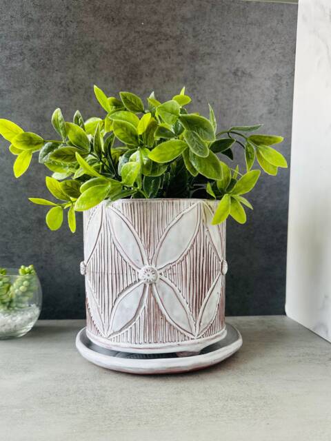 Ceramic Flower Pot With Drainage Plate, Handmade Pottery, Unique ...