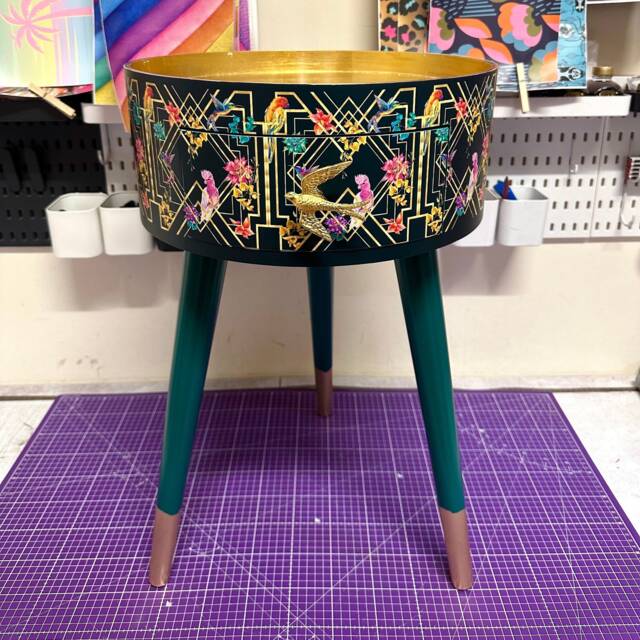 Art Deco Bed Side Table, Emerald Green, Gold & Pink Bird Design ...