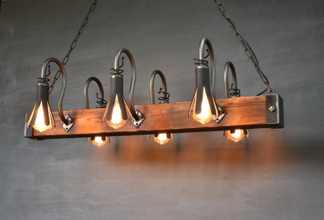 Forged Farmhouse Chandelier, Rustic Style Pendant Light, Wood Beam ...