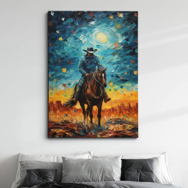 Cowboys Starry Night Painting Van Gogh Wall Art, Framed Canvas Poster ...