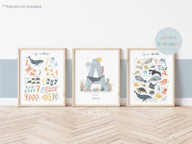 Personalised Sea Animals Print Set, Alphabet & Numbers Chart Print ...
