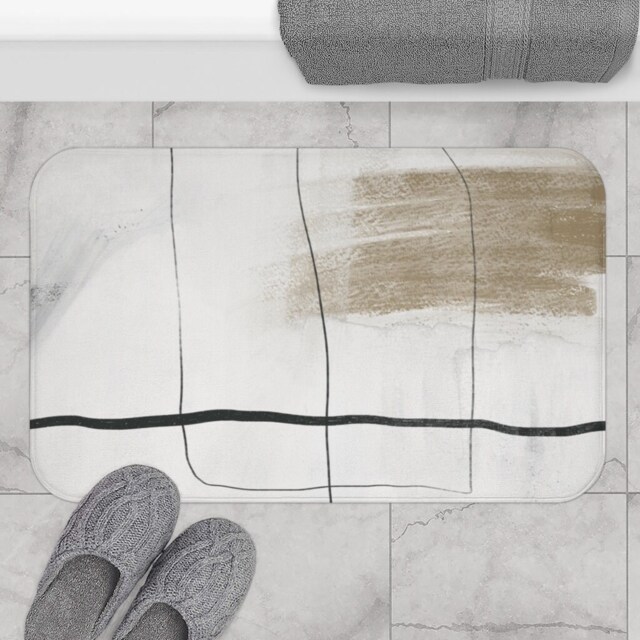 Bohemian - Abstract Bath Mat & Rug, Beige Brush, Black Lines, White ...