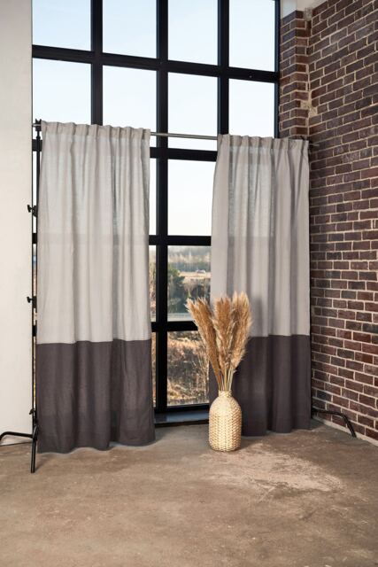 Set Of 2 Linen Color Block Curtain Panels, Rod Pocket Curtains ...