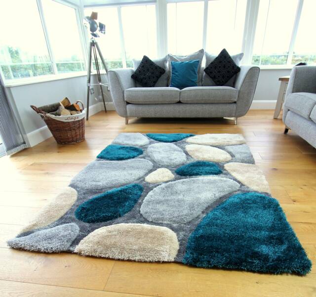 New Silky Soft Jade Dark Teal, Grey, Silver, Beige, Hand Tufted Pebbles ...