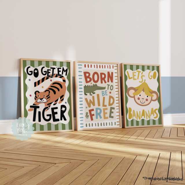 Set Of 3, Cool Animal Prints, Safari Animals, Monkey, Tiger, Children's ...