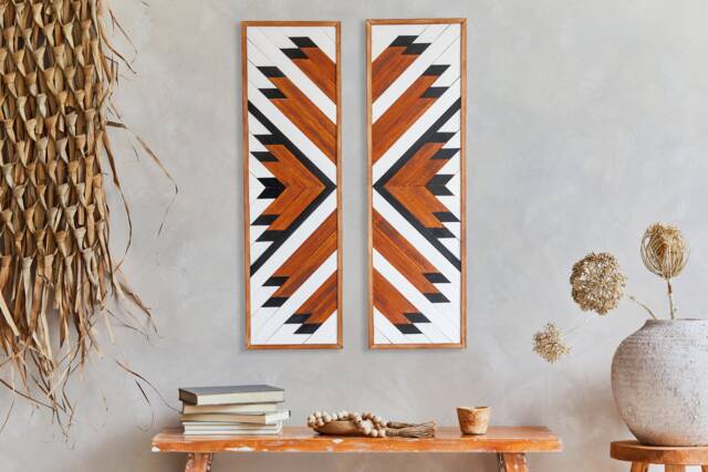 Two Piece Wood Wall Art , Set Of 2 Geometric Wood Wall Decor, Boho Home ...