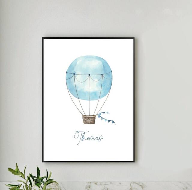 Personalised Blue Hot Air Balloon Name Print, Nursery Decor, New Baby ...
