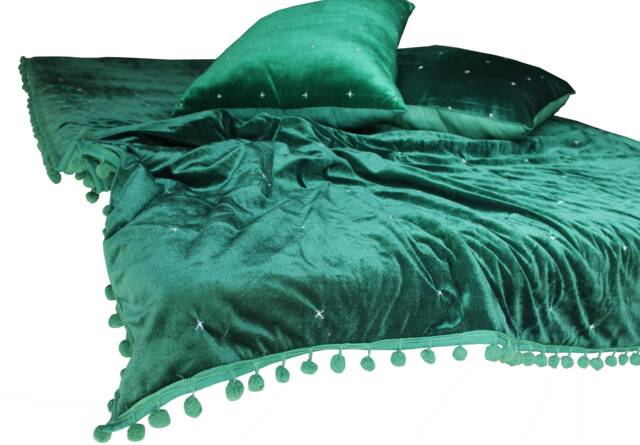 Emerald Green Velvet Quilt, Quilt King, Lap Size Blanket, Starry Pom ...
