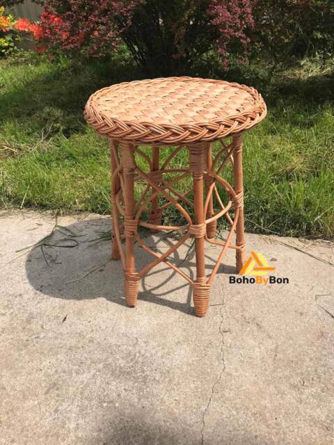 Wicker Night Stand Stool, Wood Rattan Boho Wooden Stool Nightstand ...