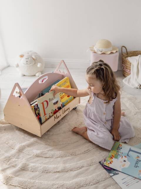Personalized Kids Bookshelf Portable On Wheels, Nursery Bookcase Mountain Shape, Toddler Book ...